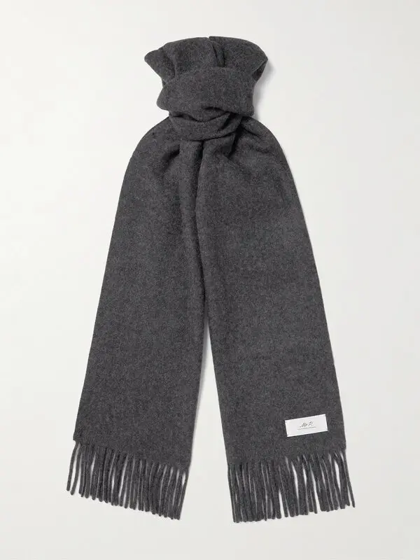 Mr P. Logo-appliquéd Fringed Cashmere Scarf - Gray
