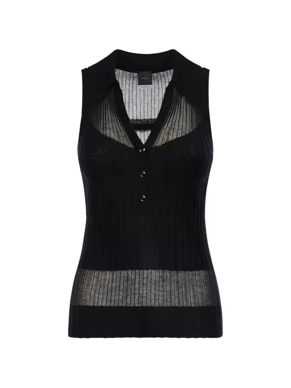 Pinko Ribbed Wool, Silk, And Cashmere Blend Tank Top With Sheer Inserts