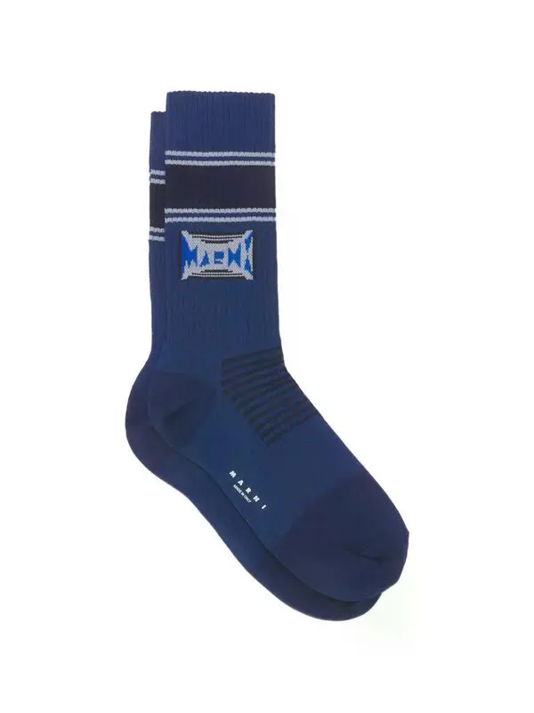 Marni Ribbed Cotton Jacquard Stripe Crew Socks - Blue