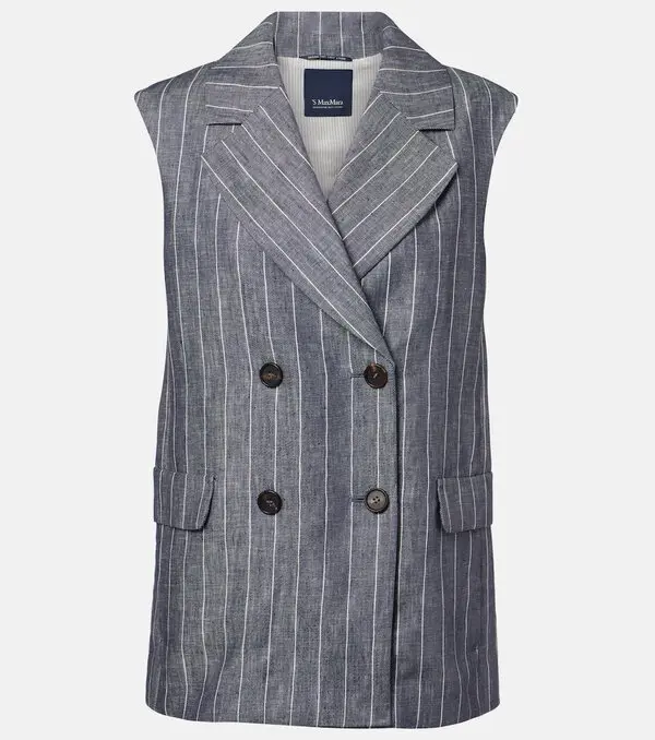 Max Mara Ballo Pinstripe Double-breasted Linen Vest - Blue
