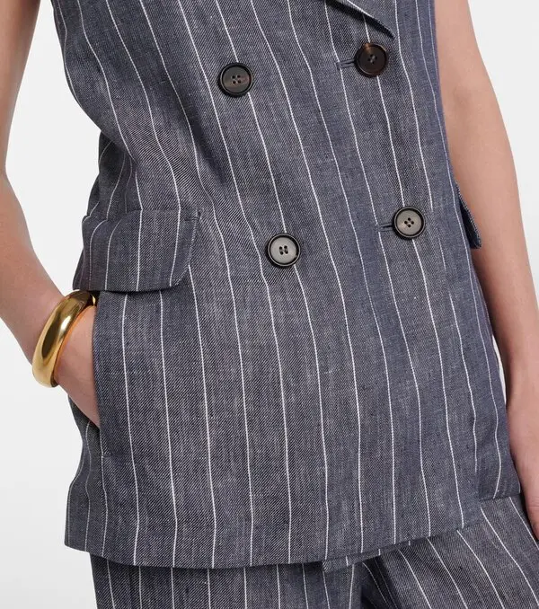 Max Mara Ballo Pinstripe Double-breasted Linen Vest - Blue