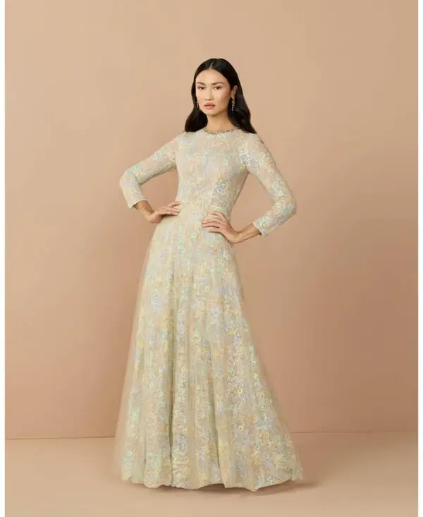 Mac Duggal Long Sleeve Embellished Lace A-line Gown
