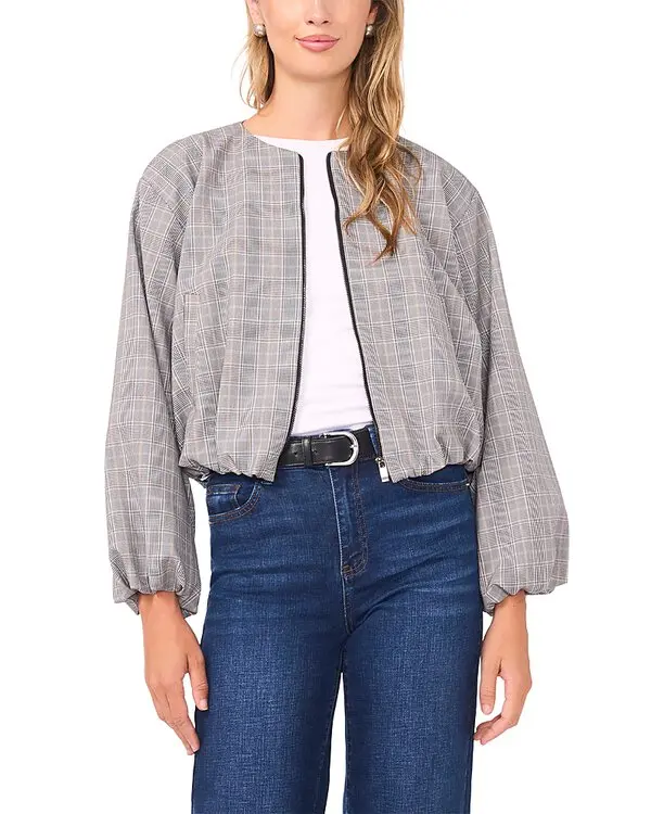 Vince Camuto Cropped Checkered Long Sleeve Zip-up Jacket - Rich Black