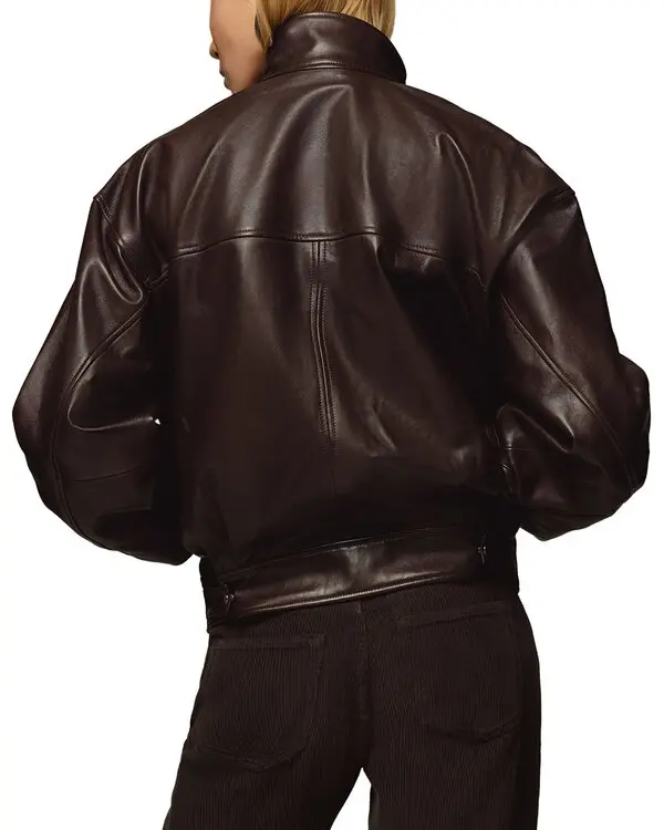 REFORMATION Leather Oversized Bomber Jacket - Cocoa