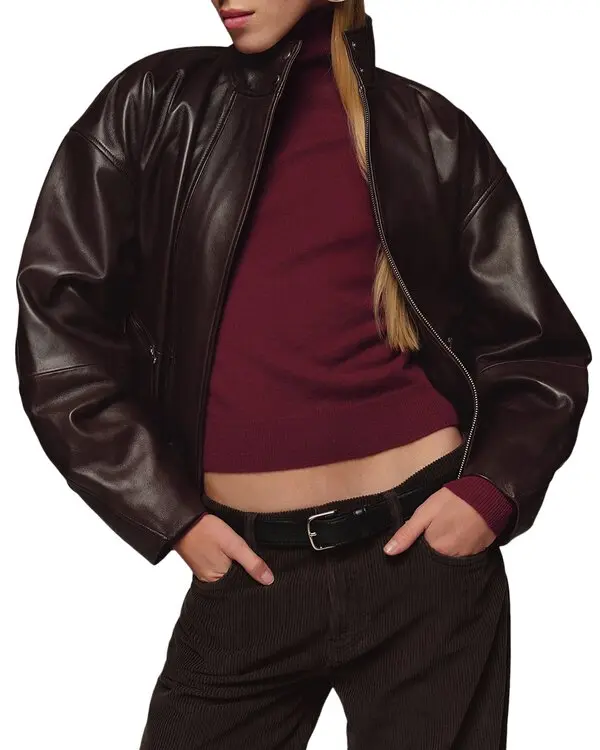 REFORMATION Leather Oversized Bomber Jacket - Cocoa