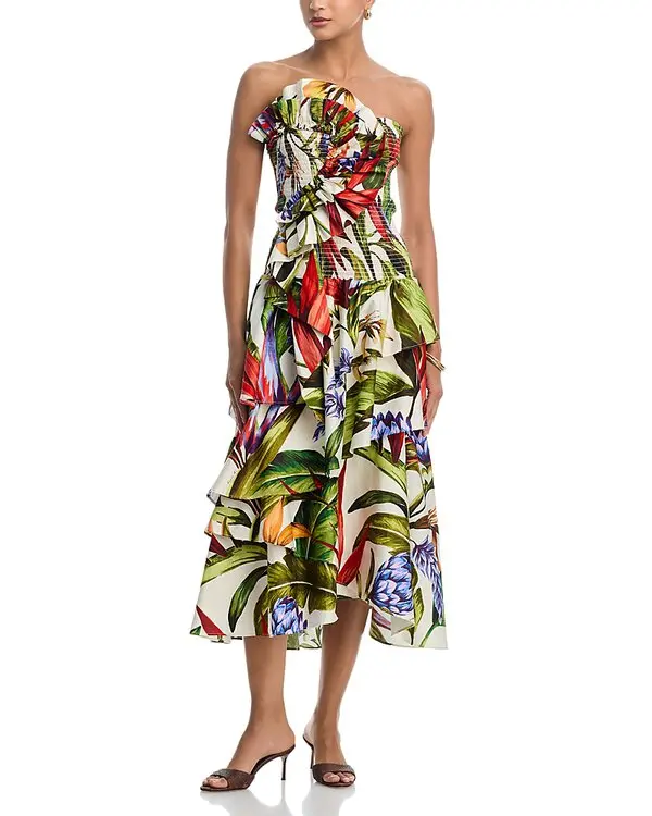Farm Rio Florart Strapless Tiered Midi Dress - Sand