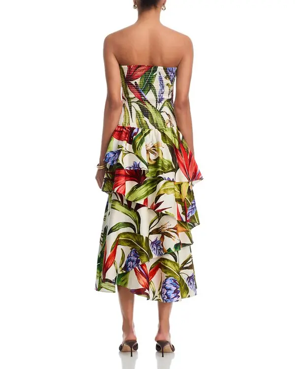 Farm Rio Florart Strapless Tiered Midi Dress - Sand