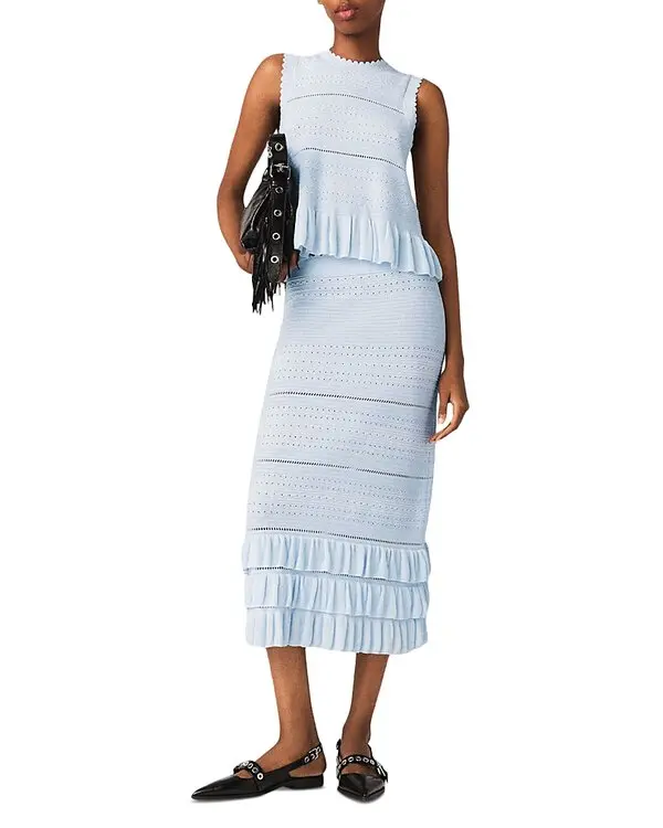 Maje Long Ruffled Knit Skirt - Blue Sky