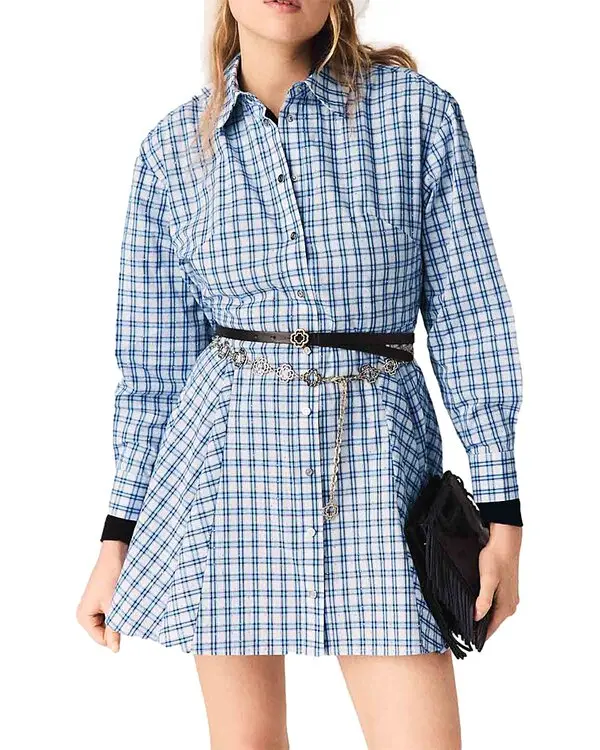 Maje Rhinestone Trim Cotton Shirt Dress - Blue Check Print