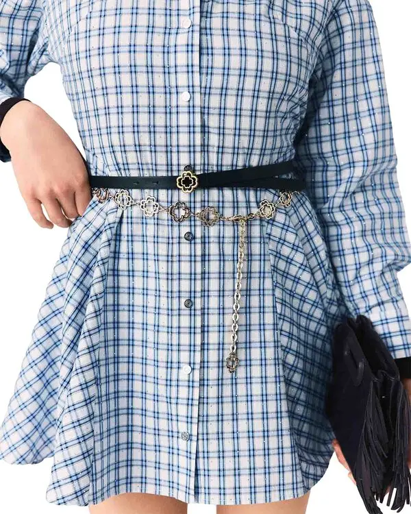 Maje Rhinestone Trim Cotton Shirt Dress - Blue Check Print