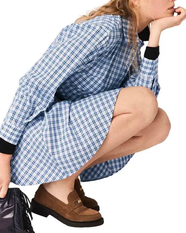 Maje Rhinestone Trim Cotton Shirt Dress - Blue Check Print