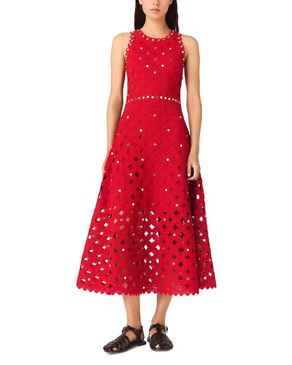 Maje Crochet Midi Dress With Embellishments
