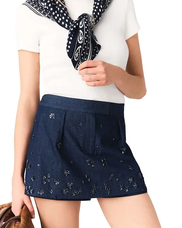 Maje Embroidered Layered Denim Skort - Navy