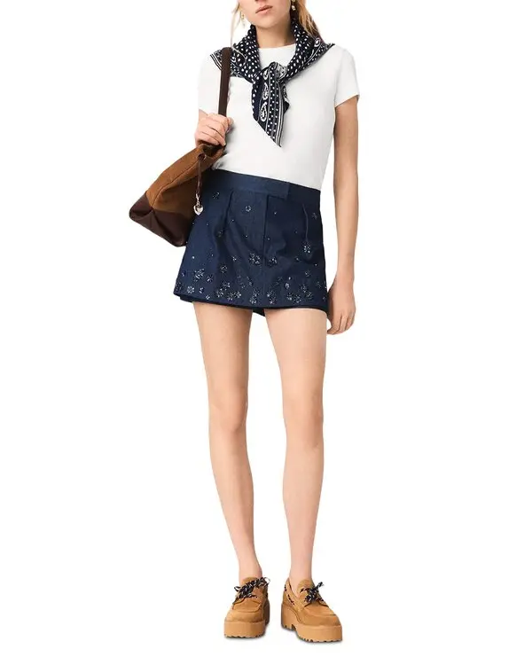 Maje Embroidered Layered Denim Skort