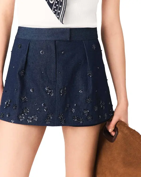 Maje Embroidered Layered Denim Skort