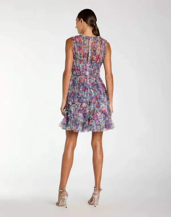 Mac Duggal Multicolor Micro Ruffle Floral A-line Mini Dress - Purple
