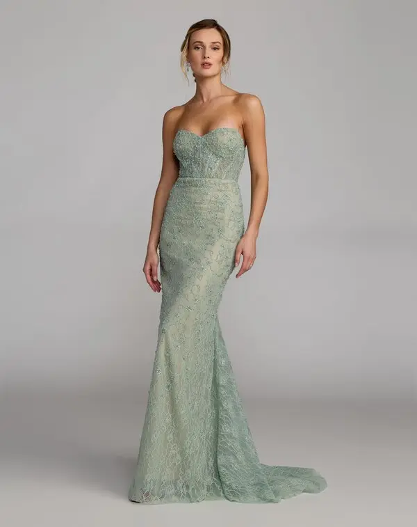 Mac Duggal Embellished Strapless Bustier Gown With Train - Green