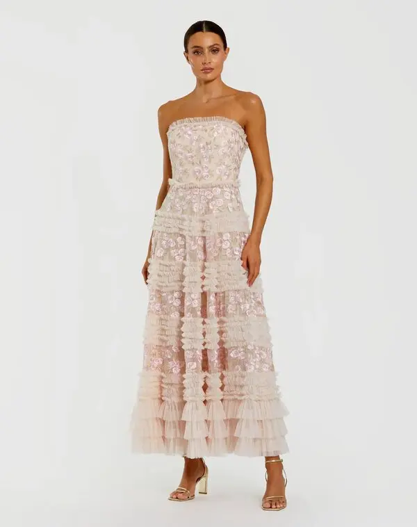Mac Duggal Floral Embroidered Strapless Ruffle Maxi Dress