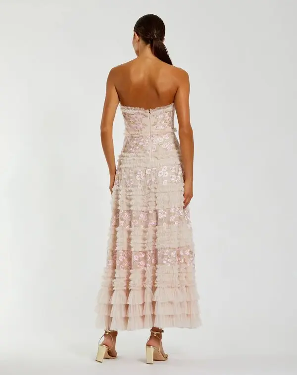Mac Duggal Floral Embroidered Strapless Ruffle Maxi Dress