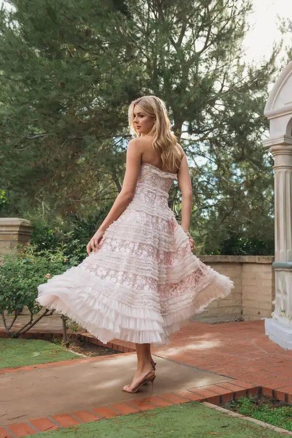 Mac Duggal Floral Embroidered Strapless Ruffle Maxi Dress
