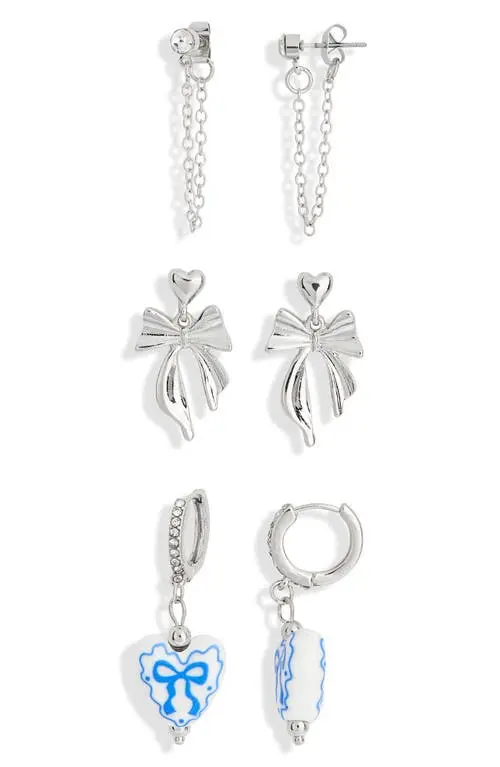 Bp. Pretty Bow Set Of 3 Earrings - Ivory- Rhodium- Silver