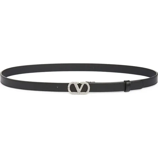Valentino Garavani Vlogo Signature Leather Belt - Black/crystal