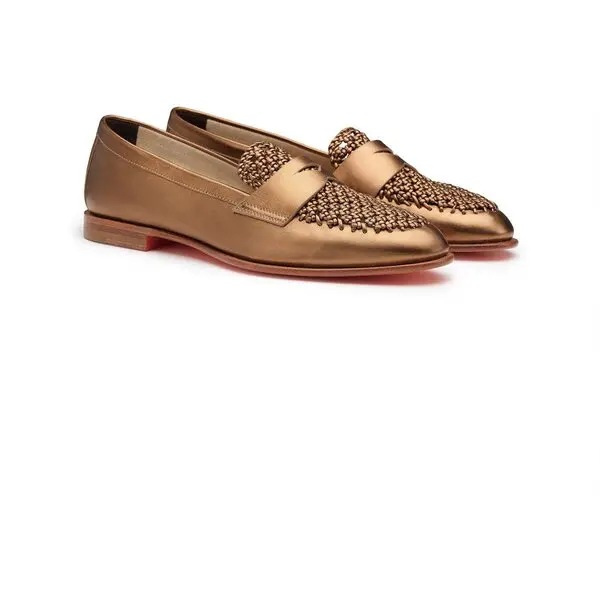 Santoni Laminated Leather Penny Loafer With Woven Toe - Gold