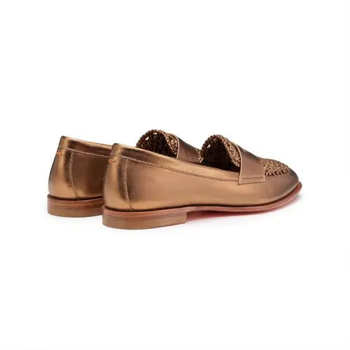 Santoni Laminated Leather Penny Loafer With Woven Toe - Gold