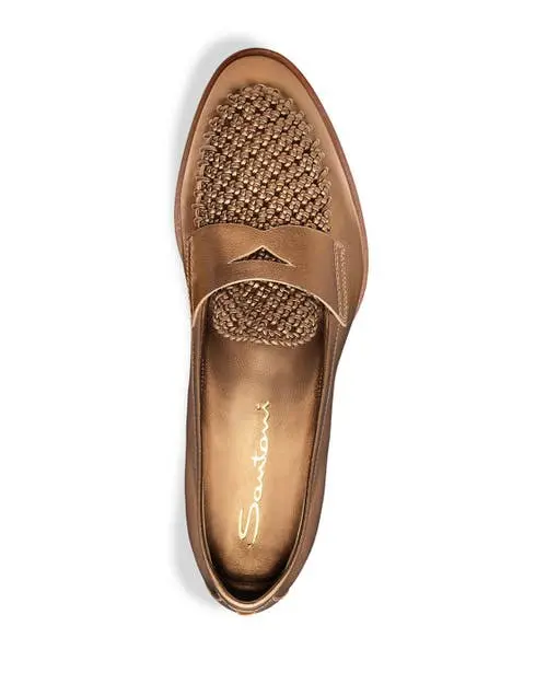 Santoni Laminated Leather Penny Loafer With Woven Toe - Gold