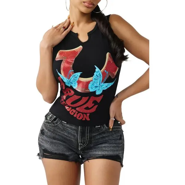 True Religion Crystal Graphic Logo Racerback Tank - Jet Black