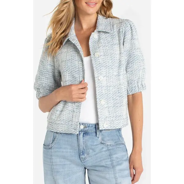 LIVERPOOL Tweed Jacket With Short Puff Sleeves - Cream Blue Plaid