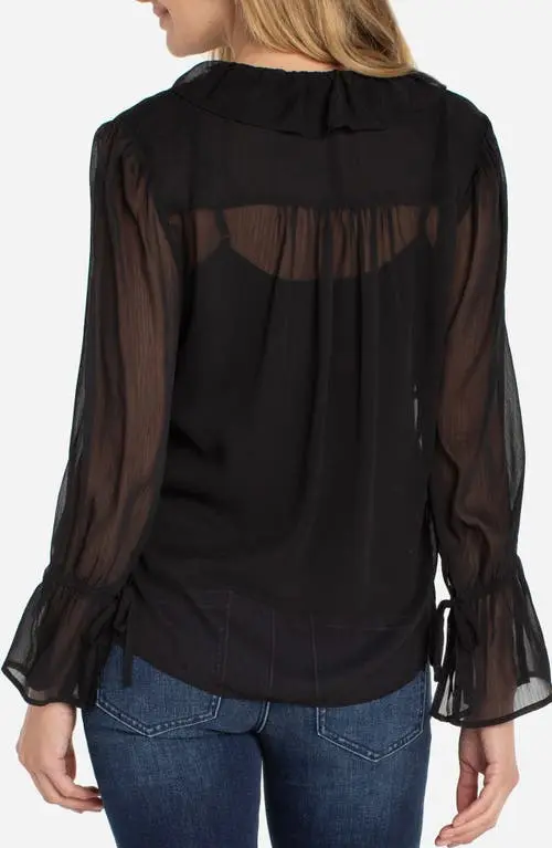 LIVERPOOL Ruffle Front Button Down Shirt - Black