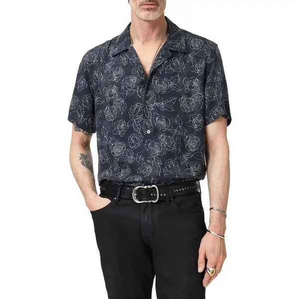 John Varvatos Dan Print Modal Camp Shirt - Black