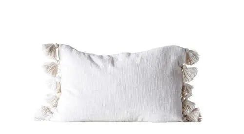 STORIED HOME Woven Cotton Slub Lumbar Pillow With Tassels - Cream