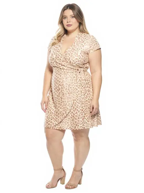 plus size brown wrap dress Plus Size Leaf Print Faux Wrap Dress