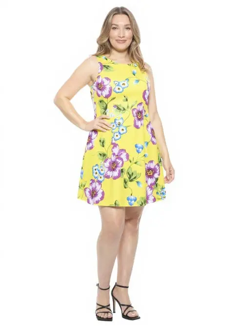 24SEVEN COMFORT APPAREL Floral Print A-line Mini Shift Dress - Yellow Multi