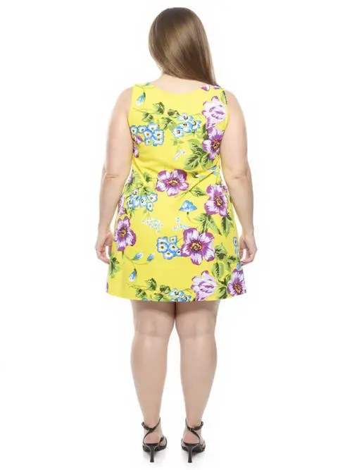 24SEVEN COMFORT APPAREL Floral Print A-line Mini Shift Dress - Yellow Multi