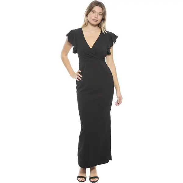 24SEVEN COMFORT APPAREL V-neck Tulip Hem Maxi Dress - Black