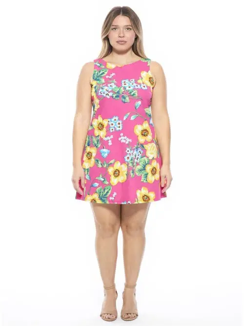 24SEVEN COMFORT APPAREL Floral Round Neck A-line Mini Shift Dress - Pink Multi
