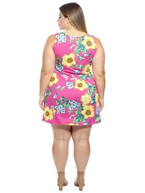 24SEVEN COMFORT APPAREL Floral Round Neck A-line Mini Shift Dress - Pink Multi