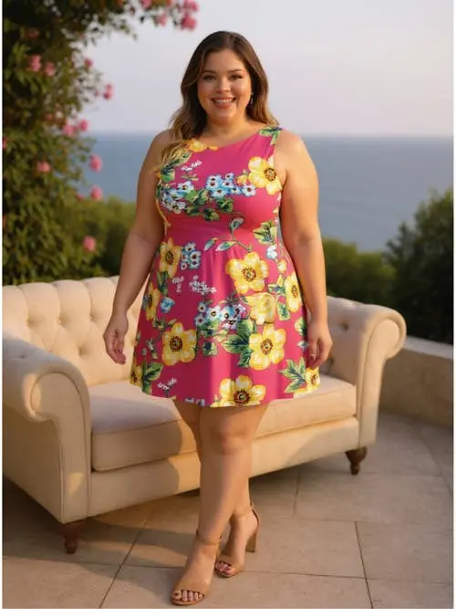 24SEVEN COMFORT APPAREL Floral Round Neck A-line Mini Shift Dress - Pink Multi