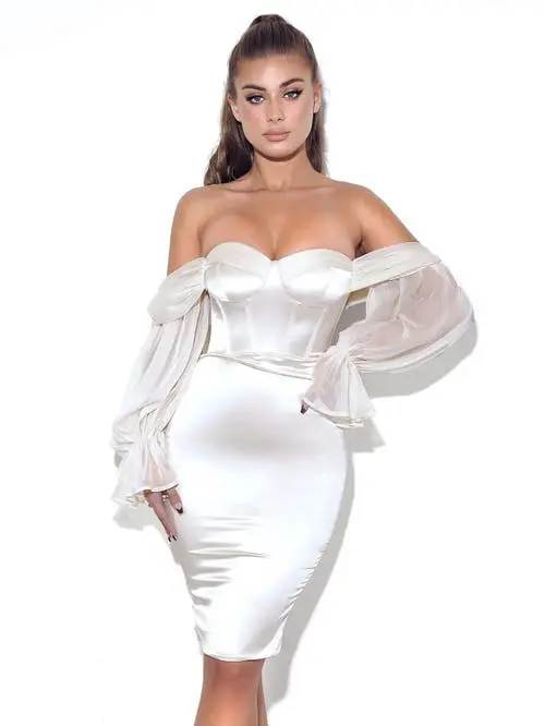 MISS CIRCLE NEW YORK Satin Off-shoulder Puff Sleeve Dress - White