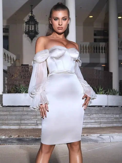 MISS CIRCLE NEW YORK Satin Off-shoulder Puff Sleeve Dress