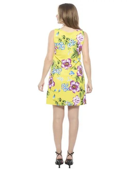 24SEVEN COMFORT APPAREL Floral Sleeveless A-line Mini Shift Dress - Yellow Multi