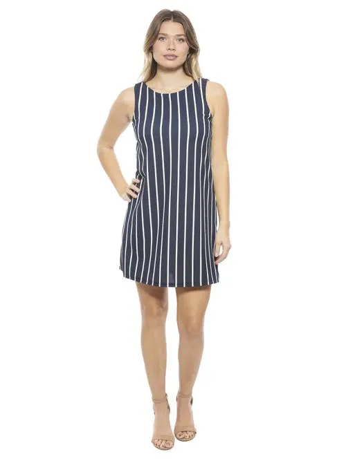 24SEVEN COMFORT APPAREL Striped Sleeveless Mini Shift Dress - Navy Multi