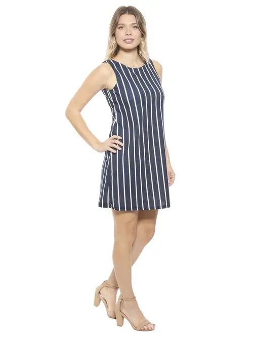 24SEVEN COMFORT APPAREL Striped Sleeveless Mini Shift Dress - Navy Multi