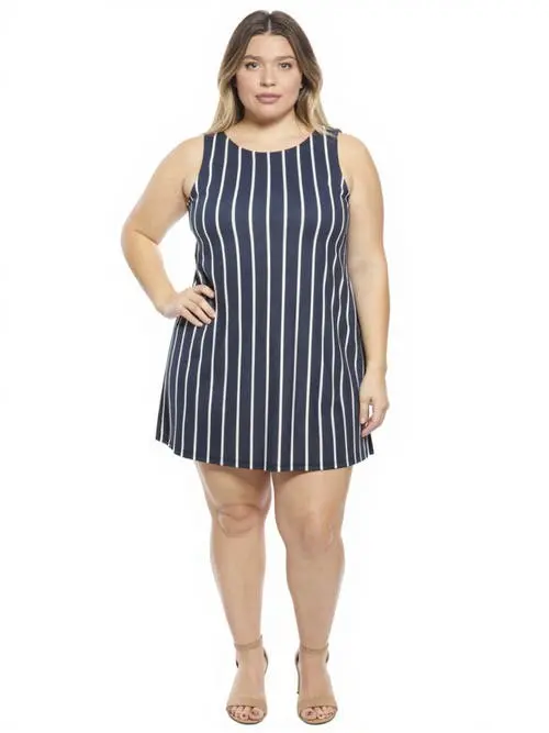 24SEVEN COMFORT APPAREL Striped A-line Mini Shift Dress - Navy Multi