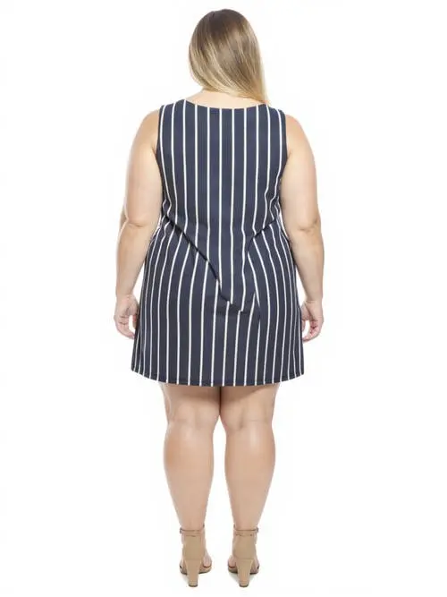 24SEVEN COMFORT APPAREL Striped A-line Mini Shift Dress - Navy Multi