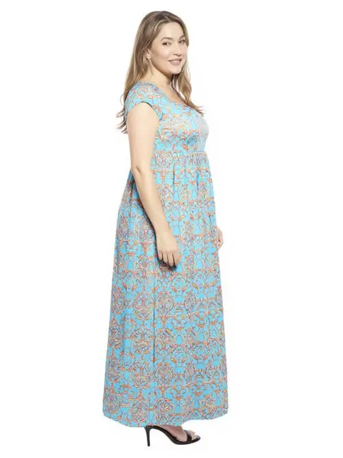24SEVEN COMFORT APPAREL Abstract Square Neck Cap Sleeve Pleated A-line Maxi Dress - Blue Multi