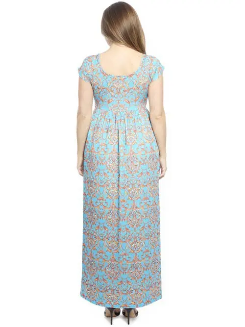 24SEVEN COMFORT APPAREL Abstract Square Neck Cap Sleeve Pleated A-line Maxi Dress - Blue Multi